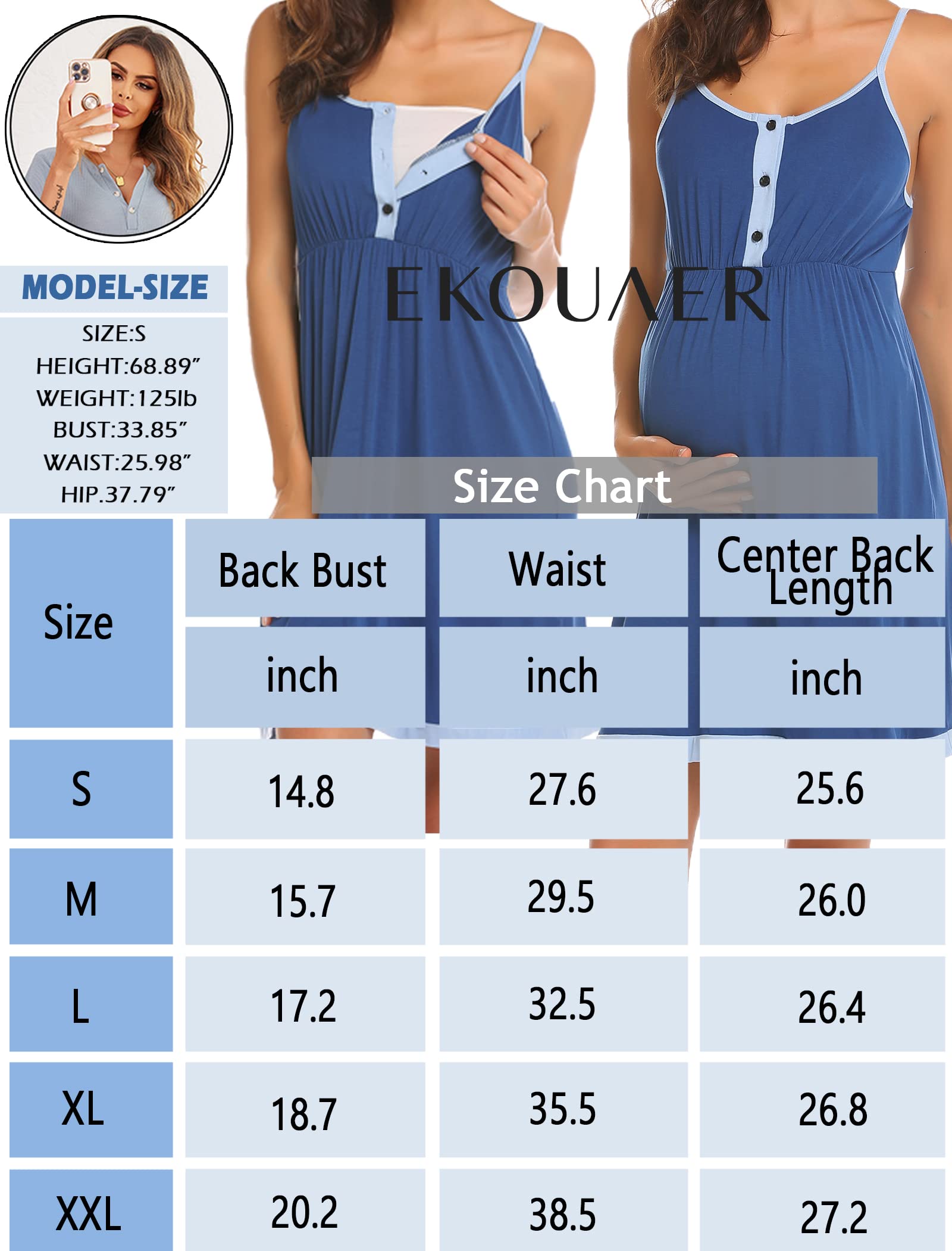Ekouaer 3 in 1 Maternity Labor Delivery Gown Nursing Gowns for Breastfeeding Full Slip Maternity Nightgown Grey Blue