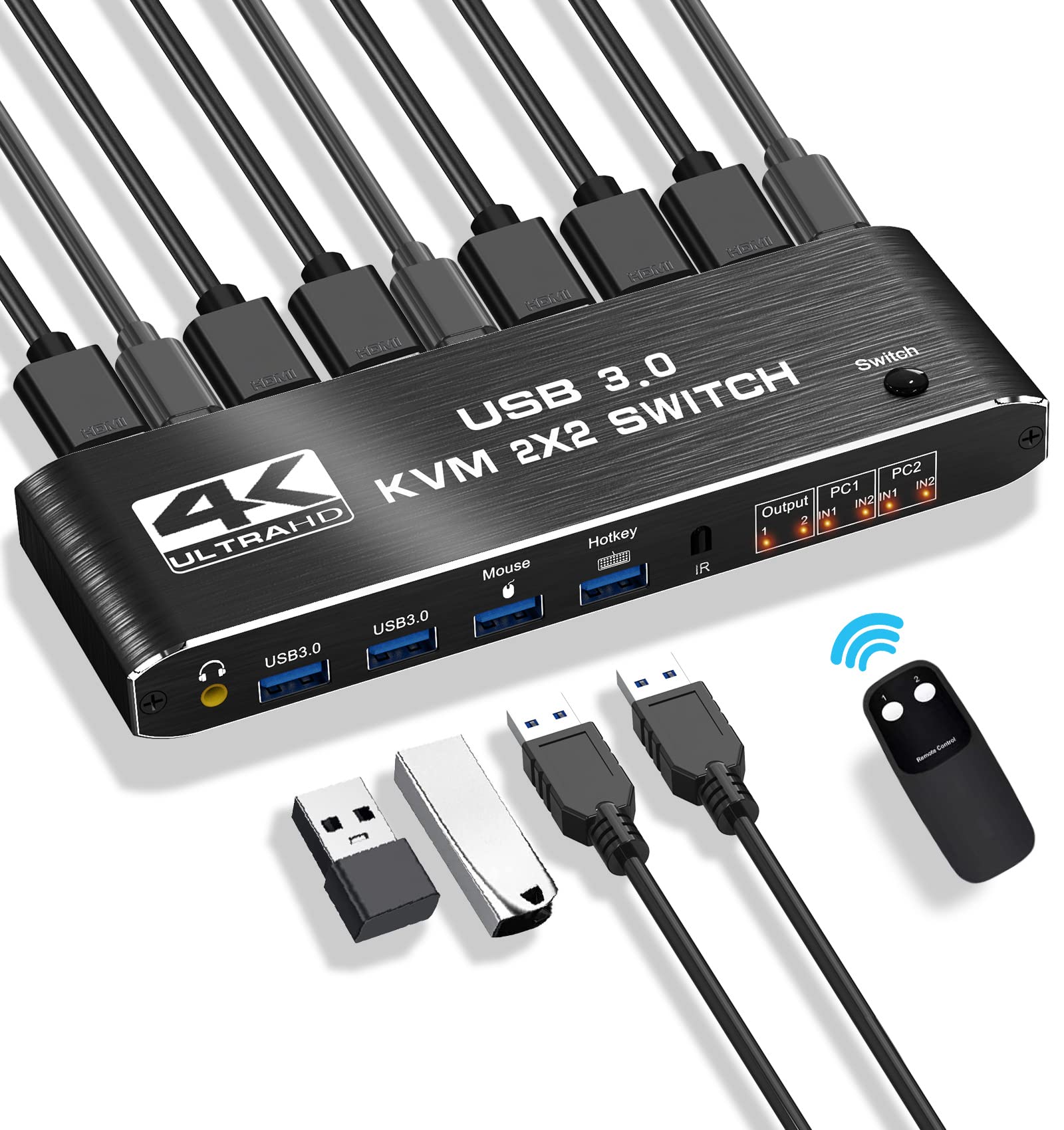 KVM Switch 2 Monitors 2 Computers, MINDULLE USB HDMI KVM Switch Dual Monitor Sharing 4 USB 3.0 Devices for Keyboard Mouse Scanner Printer, 4K@60Hz KVM Switches Support Audio, Hotkey, Button Switching