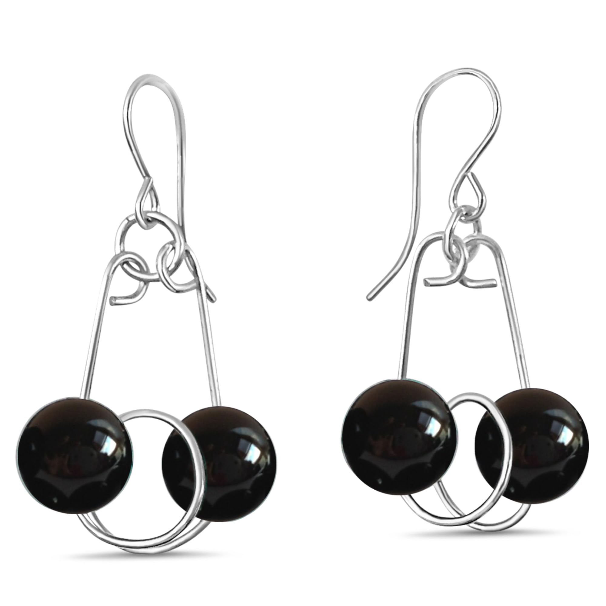 En Mi Double Gemstone Beaded Hoop Earrings, Handmade Sterling Silver Jewelry, Unique Vintage Styled Earrings for Women, Unique Hoop Earring Style with Black Onyx