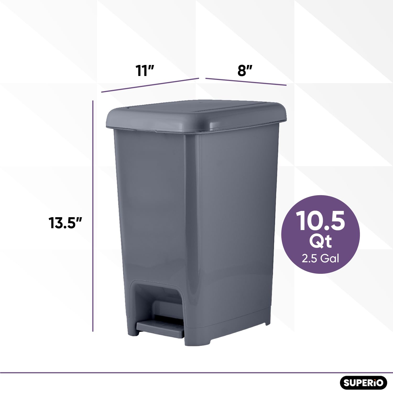 Superio Slim Trash Can with Foot Pedal β 2.5 Gallon Step-On Trash Can with Lid, Small Plastic Garbage Can, Mini Trash Can for Bathroom, Kitchen, Office, Under Desk, Bedroom, Dorm β Onyx Grey, 2