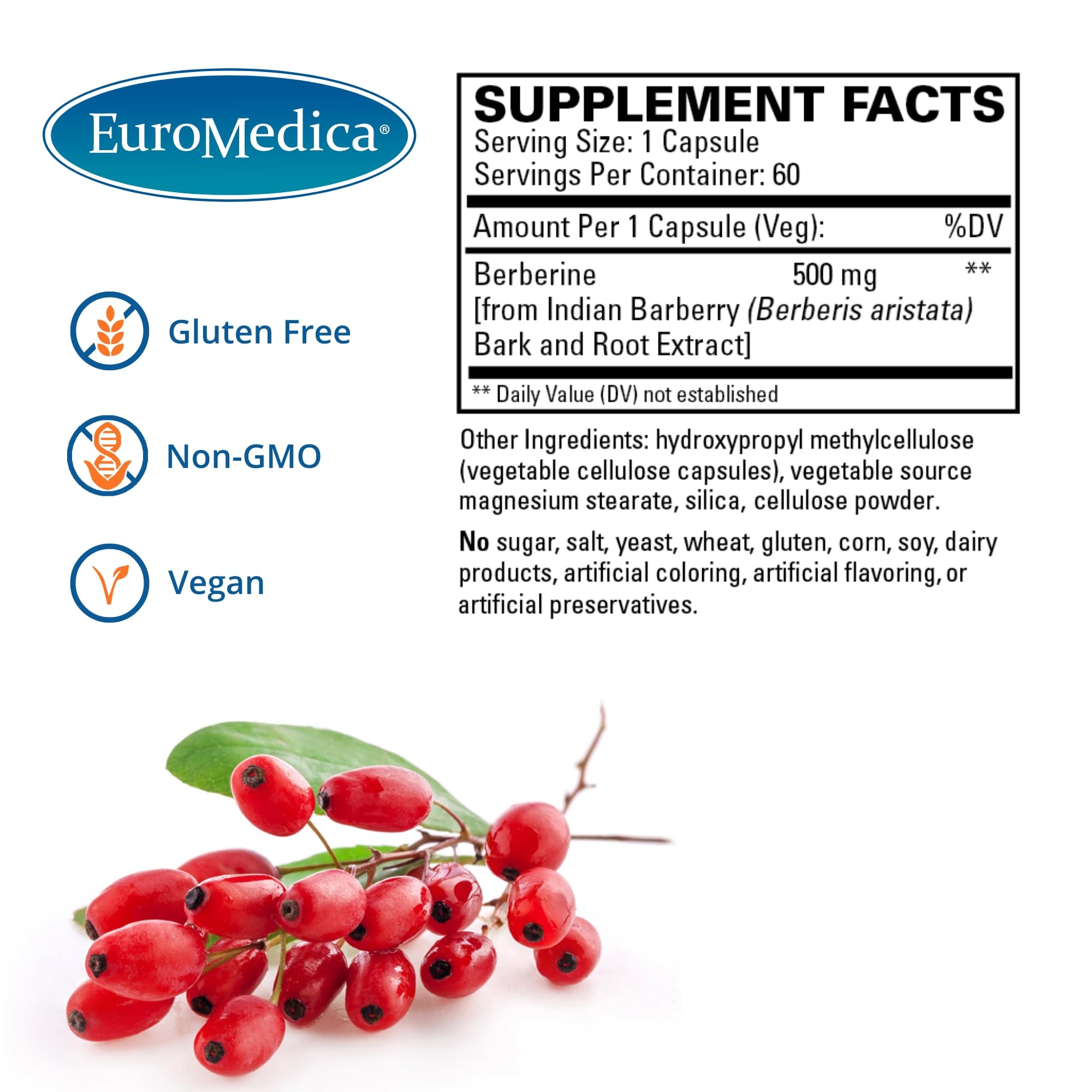 Euromedica Berberine 500 mg - 60 Capsules - Indian Barberry - Metabolic Support - Non-GMO, Vegan - 60 Servings