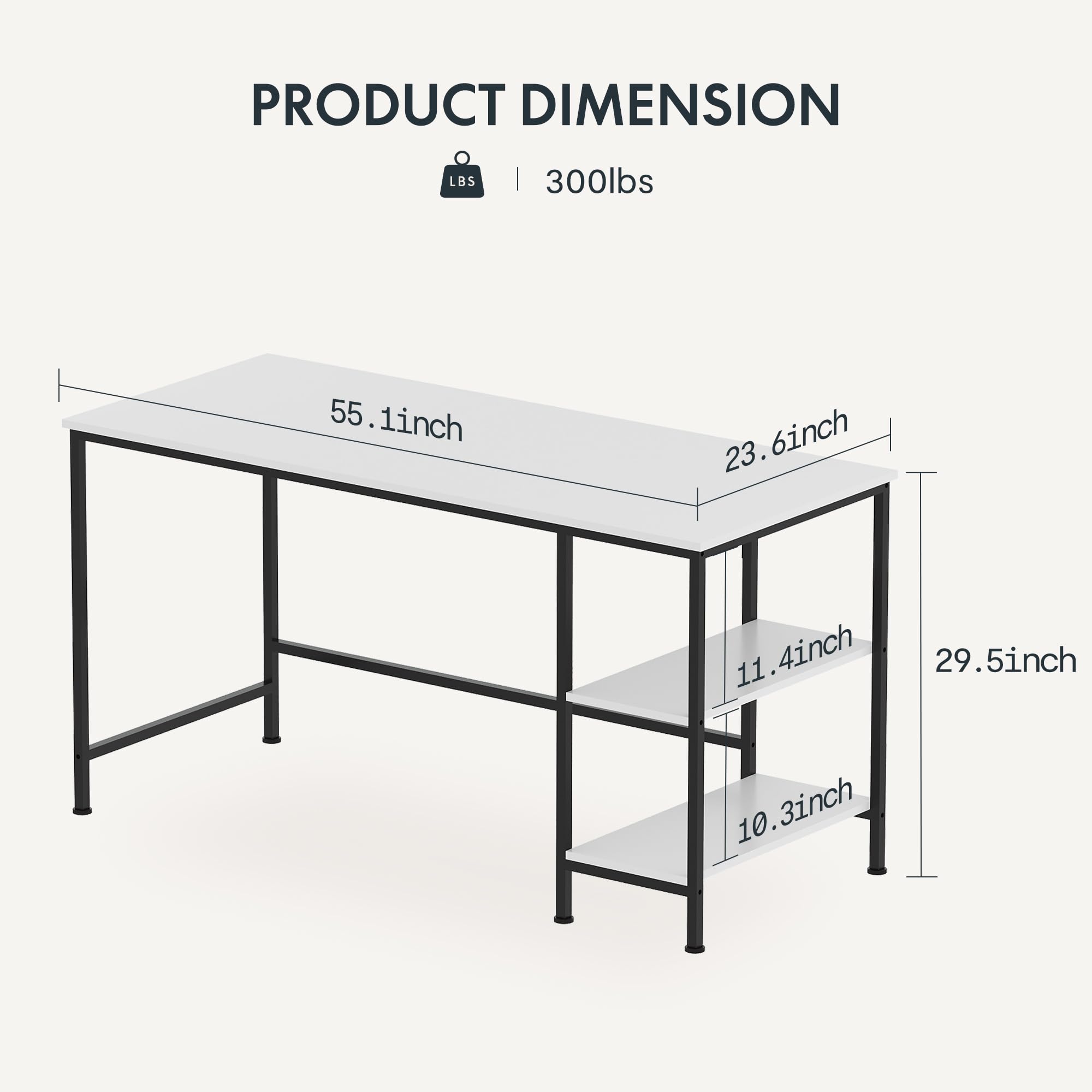 SANODESK 55 Inch Computer Desk with 2-Tier Shelf, Home Office Desk with Wood Table and Metal Frame, White