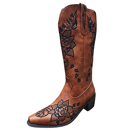 FASDNENDYS Middle Print Embroidery Women Shoes Flowers Round Slip On Toe Retro Booties Heels Mason Wedge Boot Brown