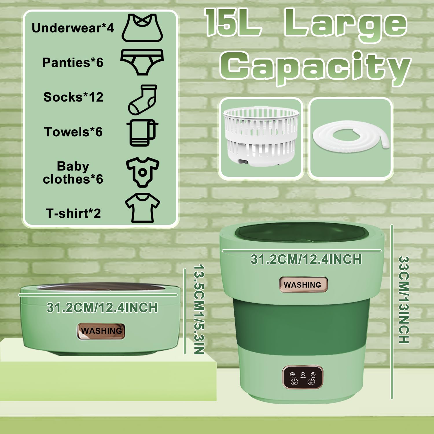 Mini Washing Machine, 15L Upgraded Portable Small Washing and Dryer Machine, Collapsible Washer with Spin for Travel,Apartment, Baby Clothes, Socks