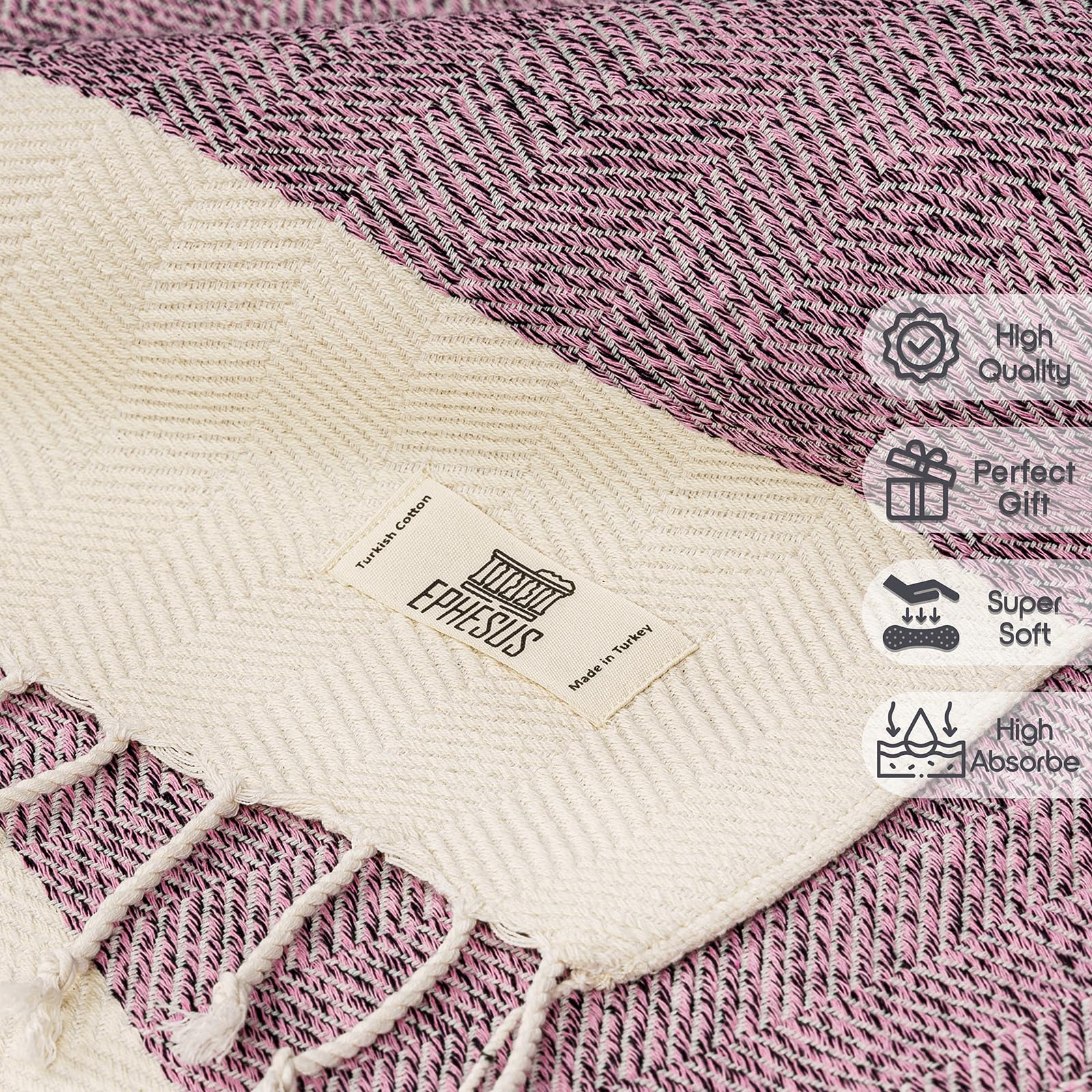 EPHESUS TOWELS Hand Towels - Set of 2 | 18" x 30" - Decorative Turkish Hand Towel for Bathroom, Kitchen, Guest, Face, Hair, Tea, Dishcloth (Herringbone, Pink)