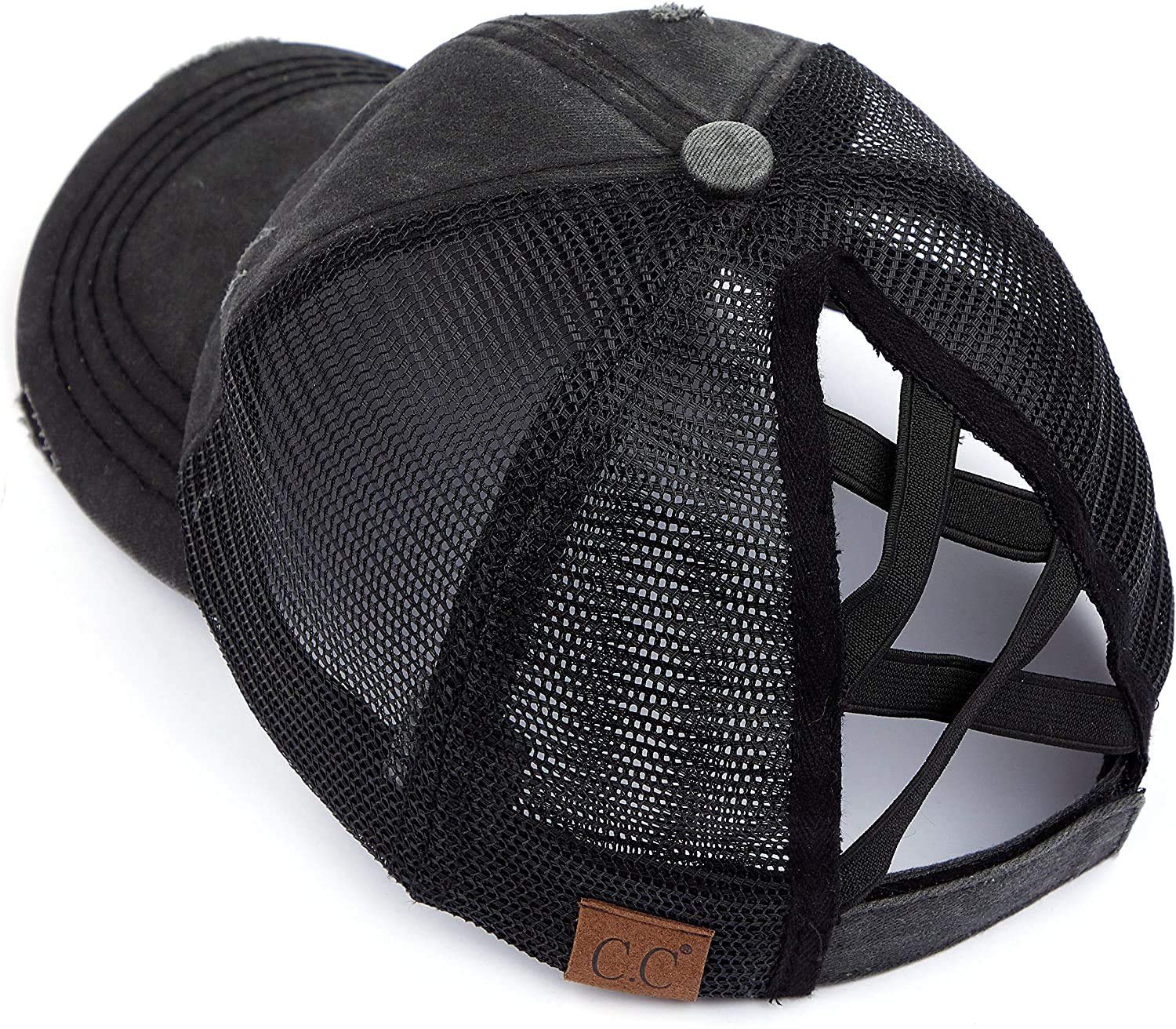 Funky Junque Dad Hat Ponytail Messy Bun Trucker Ponycap (Distressed Black w/Criss Cross Back)