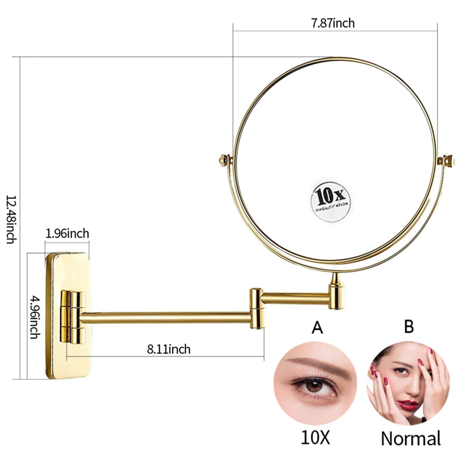 LARRO Wall Mounted Makeup Mirror, 8 inch Gold Finish Double Sided Magnifying Shaving Mirror, Extendable Bathroom Round Cosmetic Vanity Mirrors,7X (Color : 10x)