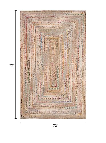 SAFAVIEH Cape Cod Collection Area Rug - 6' Square, Beige & Multi, Handmade Boho Braided Jute & Cotton, Ideal for High Traffic Areas in Living Room, Bedroom (CAP202B)