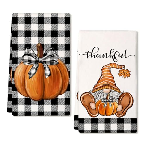 GEEORY Fall Kitchen Dish Towels Set of 2 for Fall Decor,Thankful Gnomes Orange Printed Pumpkin 18x26 Inch Drying Dishcloth,Farmhouse Home Decoration GD103