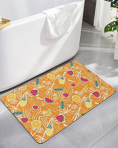 Tropical Summer Bath Mat for Tub,Non Slip Bathroom Floor Runner Rug Quick Dry & Absorbent Diatomaceous Earth Kitchen Room Shower Sink Washable Doormat,Orange Fruit Lemon Watermelon Pineapple 16"x24"