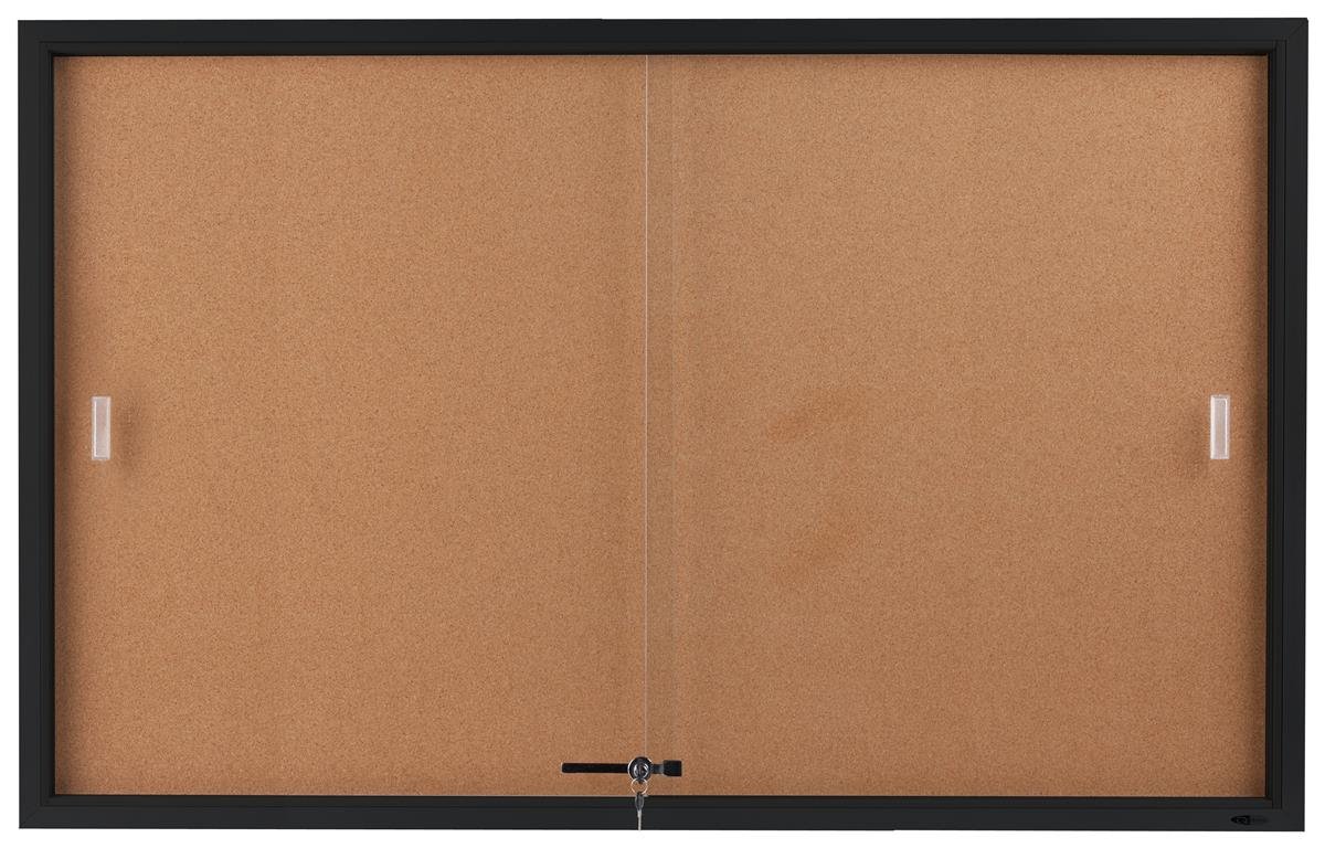 Enclosed Sliding Door Cork Bulletin Board, 5 x 3 Feet, Self-healing Corkboard Display Surface, 60" x 36" Notice Board for Wall Mount with Included Mounting Hardware, Black, Aluminum Frame