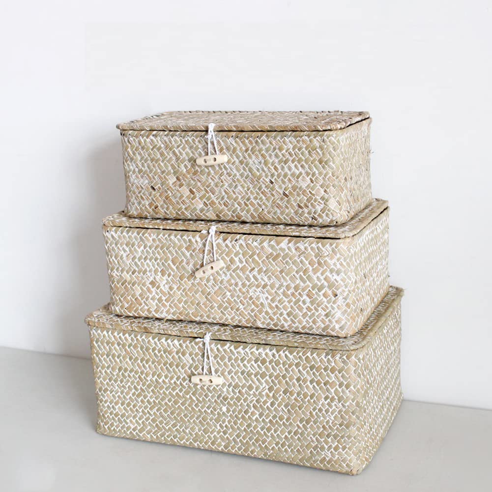 HAPYFURN Seagrass Handmade Woven Storage Basket with Lid Rectangular Natural Rattan Box for Toys Clothes Books Keys Multifunctional Makeup Organizer Set of 3 Shelf Basket