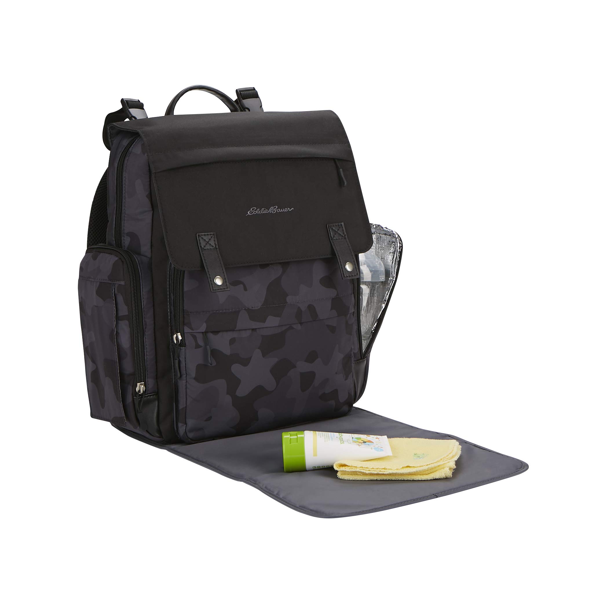 Eddie Bauer Places & Spaces Camouflage Compass Diaper Bag Backpack, Cooler Bottle Pockets and Changing Pad Included, Black and Camo