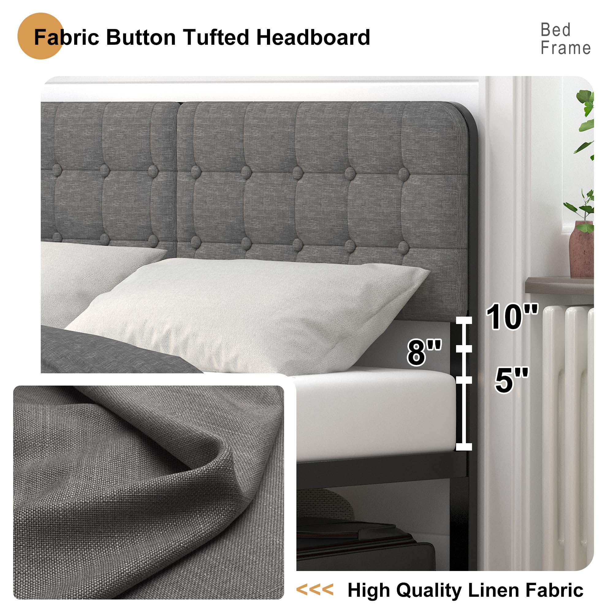 EMODA 16 Inch Queen Bed Frame with Upholstered Headboard and Metal Footboard, Heavy Duty Metal Slats Support Mattress Foundation, No Box Spring Needed, Easy Assembly