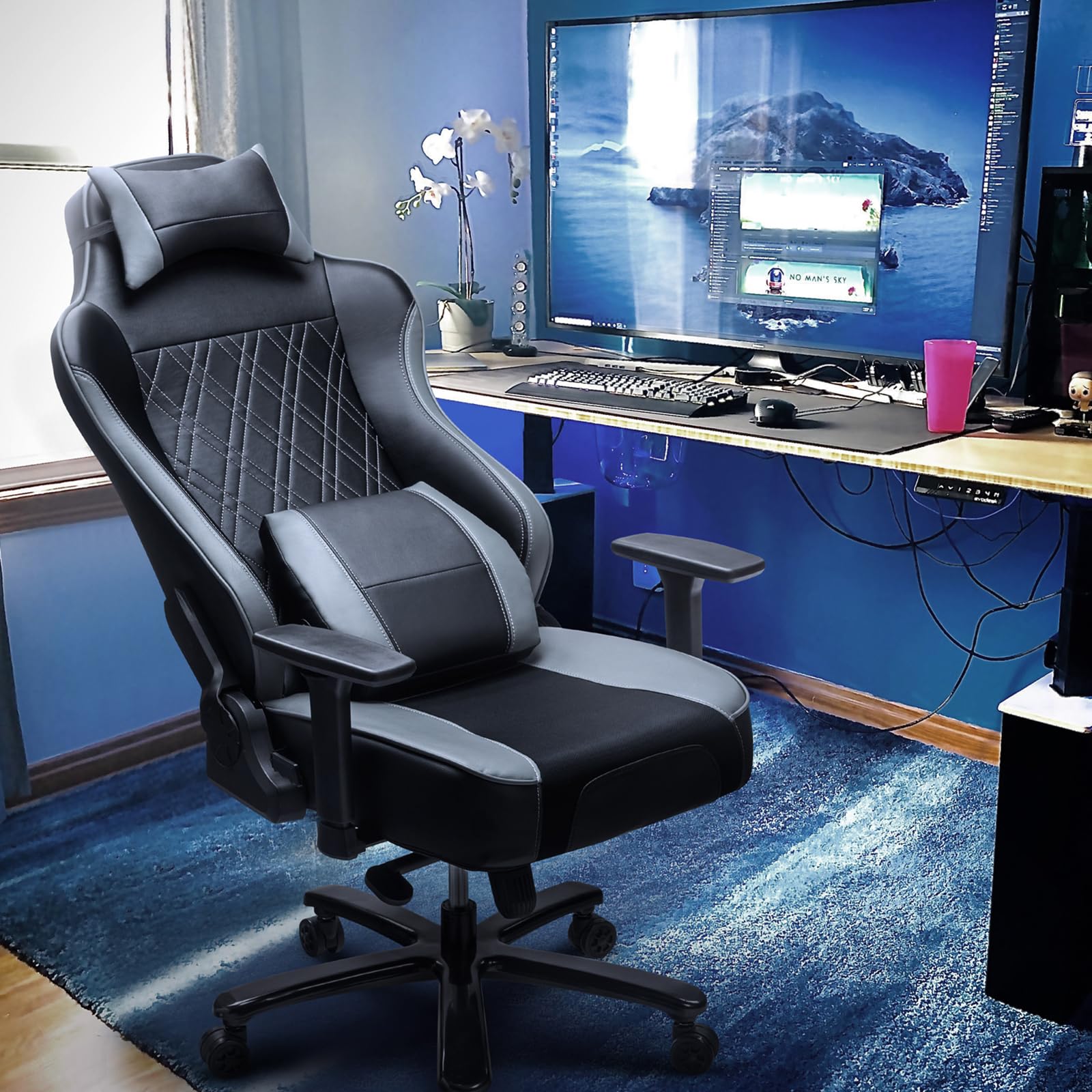 Fantasylab 400lb Gaming Chair Big and Tall Gaming Chair Breathable Computer Chair, 3-D Adjustable Armrest Air-Cooling System Heavy Duty Metal Base