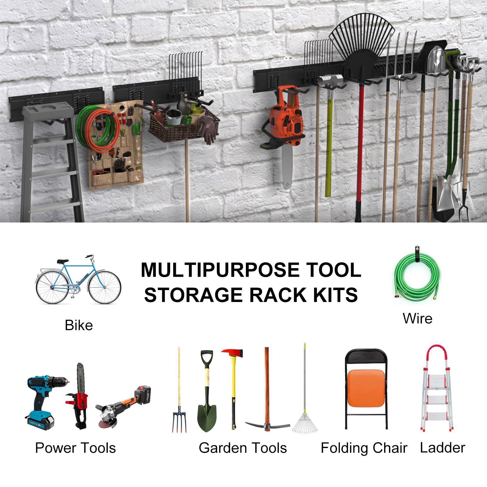 SUBICOO Garage Tool Organizer Wall Mount, Garage Wall Organizer Storage Rack, Super Heavy Duty Garden Tool Hanger Rack for Ski Gears, Chair, Broom, Mop, Rake Shovel Yard Tools (48" Rails + 6Hooks)