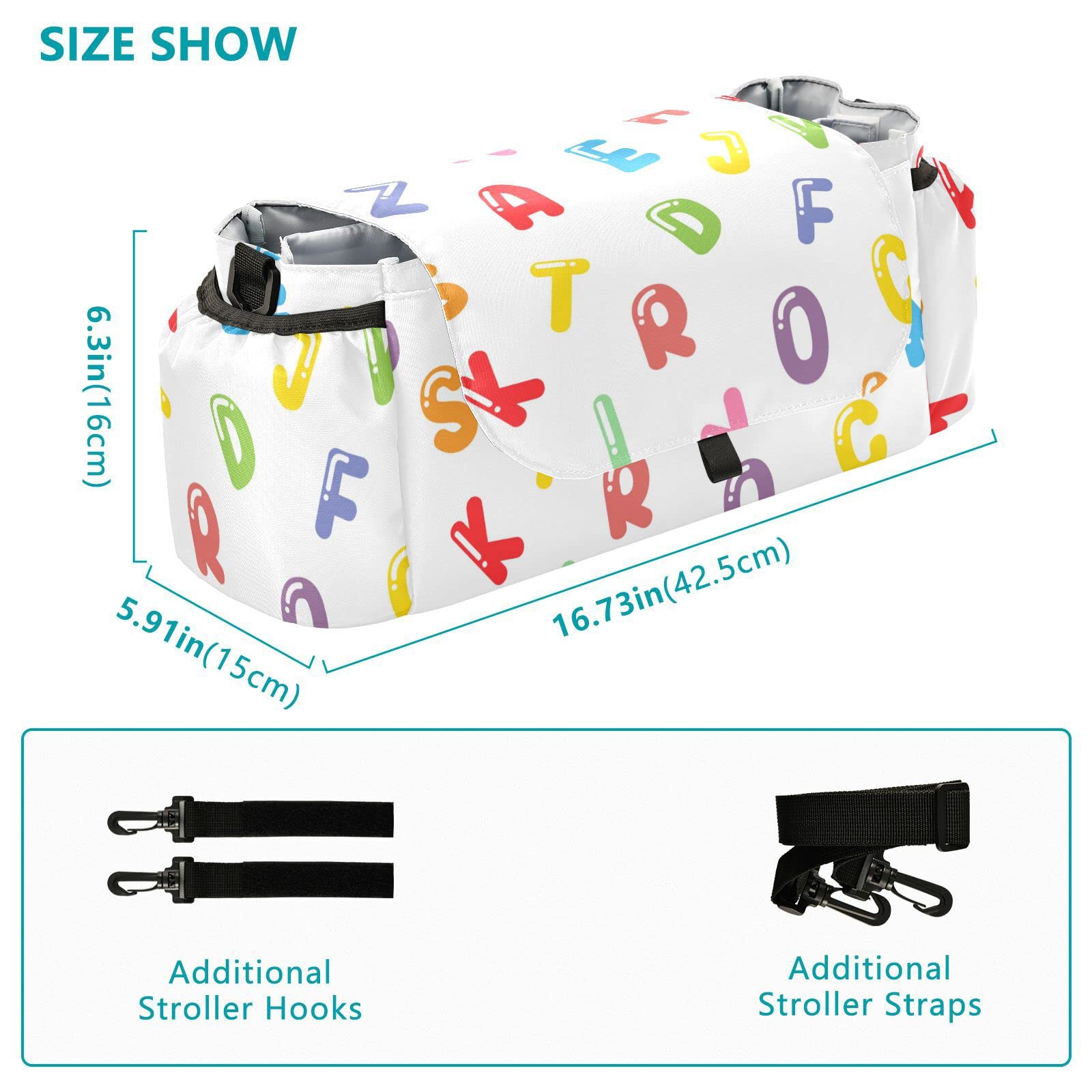 Kigai Colorful Alphabet Baby Stroller Organizer with Cup Holders, Secure Hooks Accessories Adjustable Strap Stroller Bag for Bottle, Diaper, Phone, Toys, Baby Items