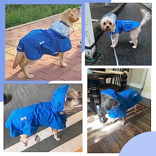 Waterproof Dog Raincoat, Adjustable Reflective Lightweight Pet Rain Clothes with Poncho Hood (Large, Blue)