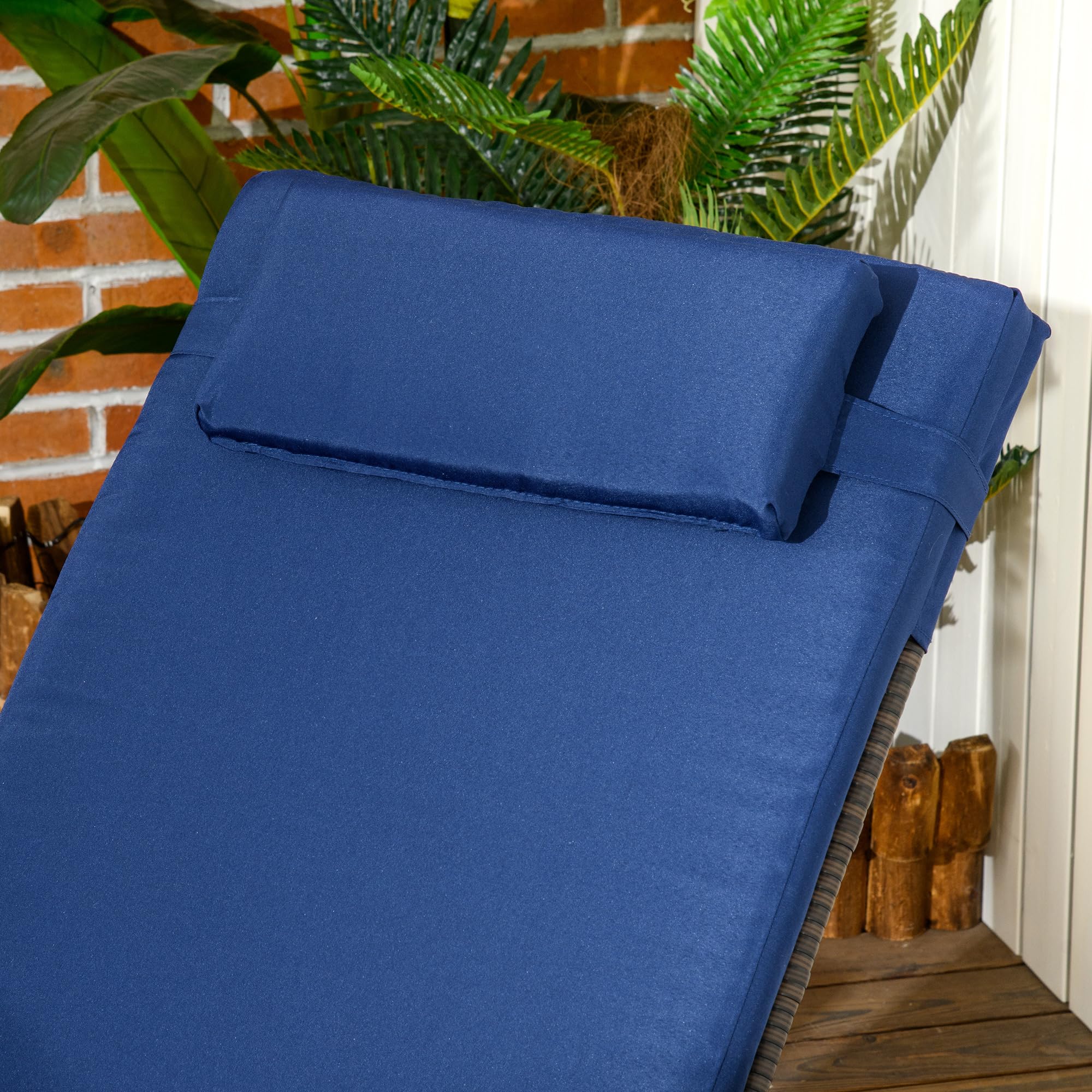 Outsunny Wicker Outdoor Chaise Lounge Set of 2, 5-Level Adjustable Backrest PE Rattan Pool Lounge Chair with Wheels, Cushion & Headrest, Brown and Dark Blue