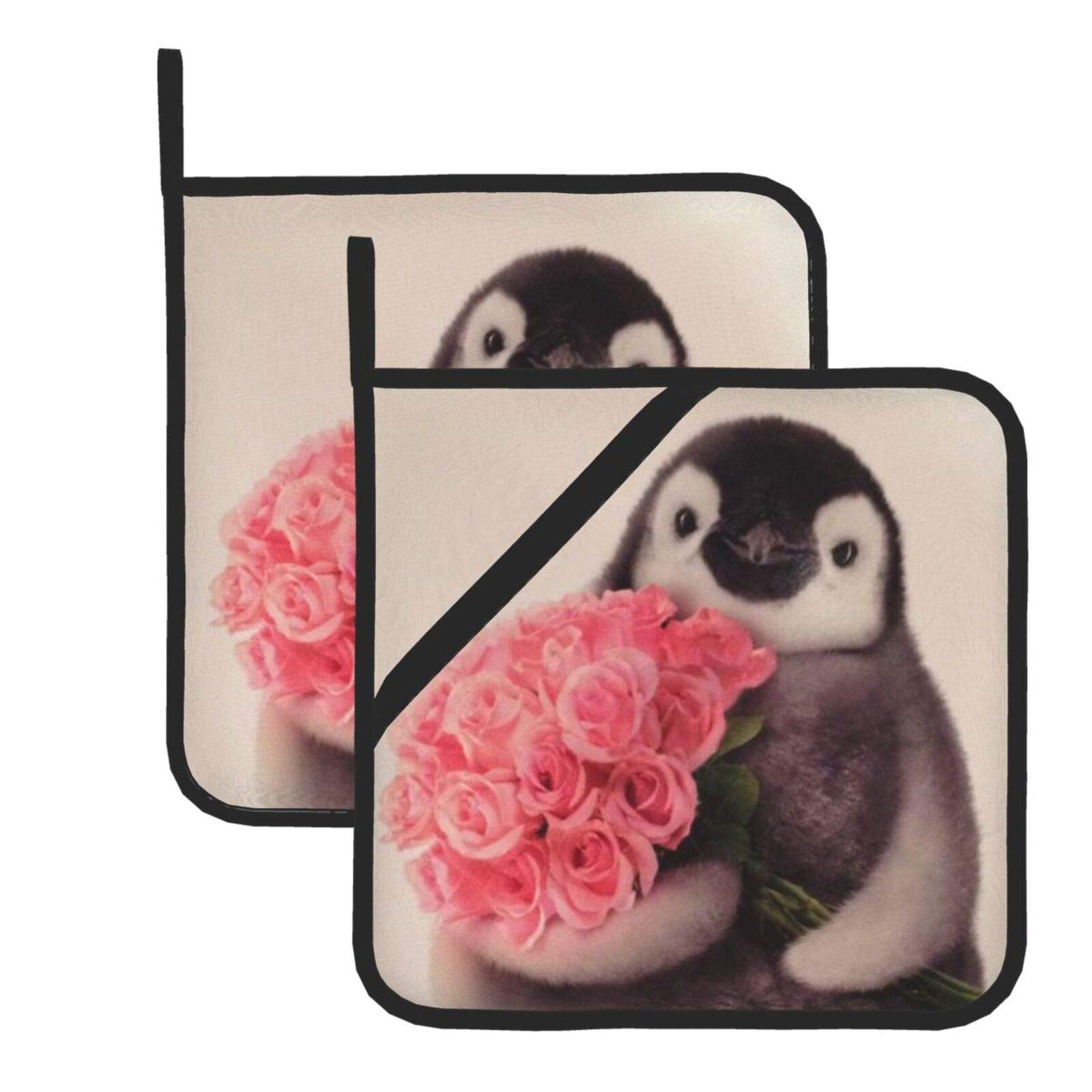 Flower Penguins Pot Holders with Pocket for Kitchen Heat Resistant Oven Hot Pads Potholders for Cooking Baking Grilling Microwave