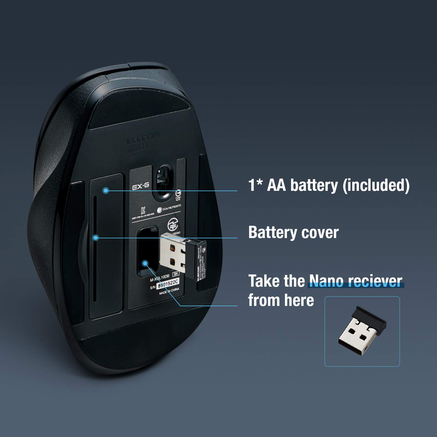 ELECOM Wireless Mouse 2.4GHz Ergonomic Design with USB Nano Receiver, Silent, Quiet Click 5 Button, for Windows and Mac, Large Size (M-XGL10DBSBK-US)