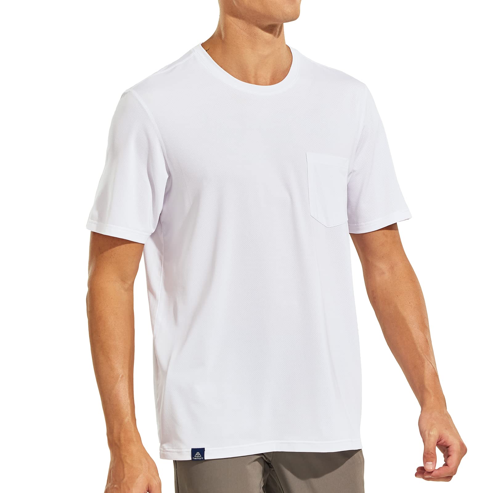 Haimont Mens White Active Quick Dry Crew Neck T Shirts with Pocket, Athletic Running Gym Workout Polyester Short Sleeve Tees, White, X-Large