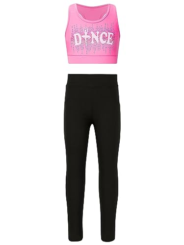 Yeahdor Kids Girls' 2 Piece Athletic sleeveless Dance Crop Tops with Legging Set Gym Workout Fitness Active Outfit Printed Pink 8 Years