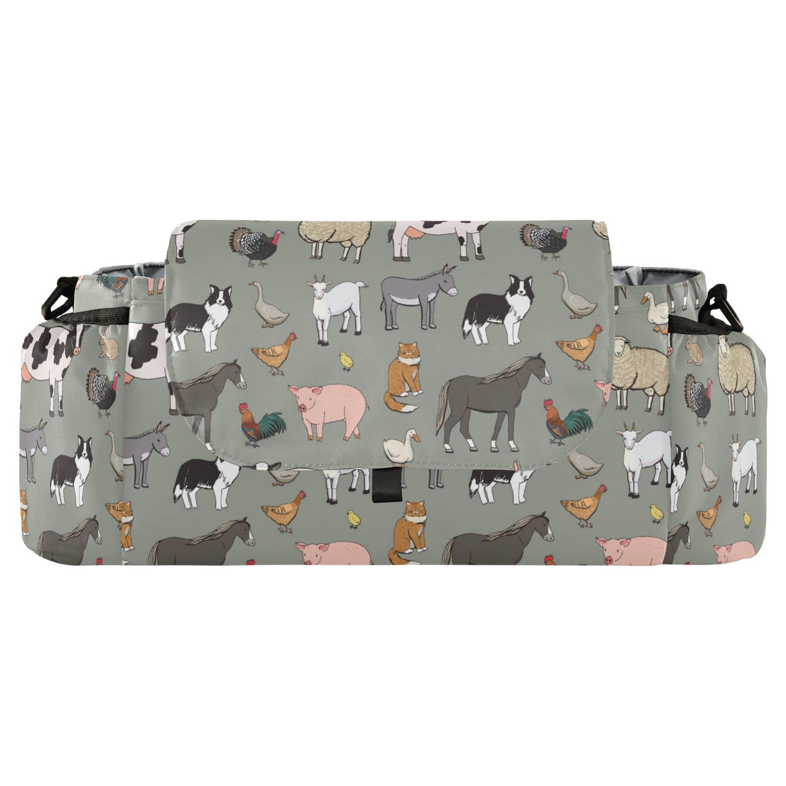 Kigai Farm Animals Pattern Baby Stroller Organizer with Cup Holders, Secure Hooks Accessories Adjustable Strap Stroller Bag for Bottle, Diaper, Phone, Toys, Baby Items