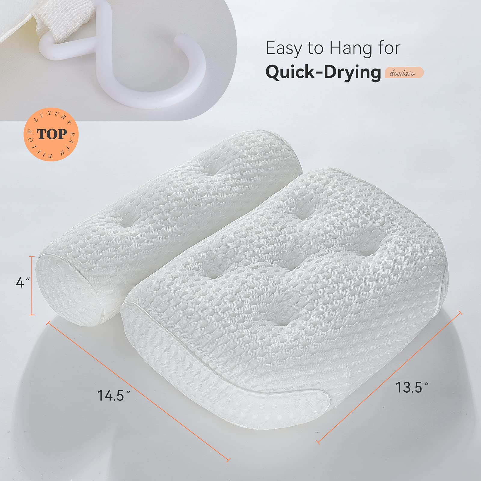 Docilaso Bath Pillow, Quick Dry Bathtub Pillow with 4D Air Mash Technology and 7 Suction Cups for Neck and Back Support, Suitable for All Bathtub, Hot Tub, Jacuzzi and Home Spa