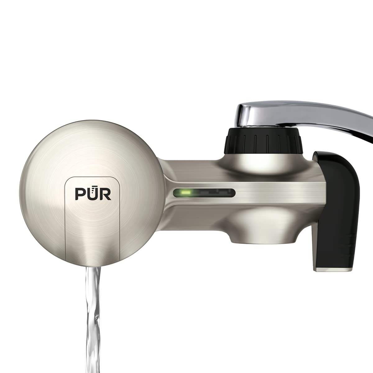 PUR PLUS Horizontal Faucet Mount Water Filtration System, 3-in-1 Lead Reducing Filter for Great-Tasting Filtered Tap Water, Lasts 100 Gallons, Fits Most Kitchen or Bathroom Faucets, Stainless Steel