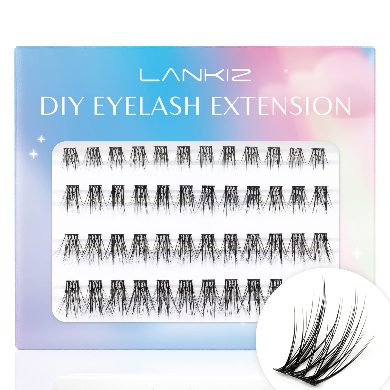 LANKIZ DIY Eyelash Extension, 48pcs Fluffy Individual Lash Extensions, Soft & Lightweight 10-16mm Mix Reusable Wide Band Cluster Lashes for Home use