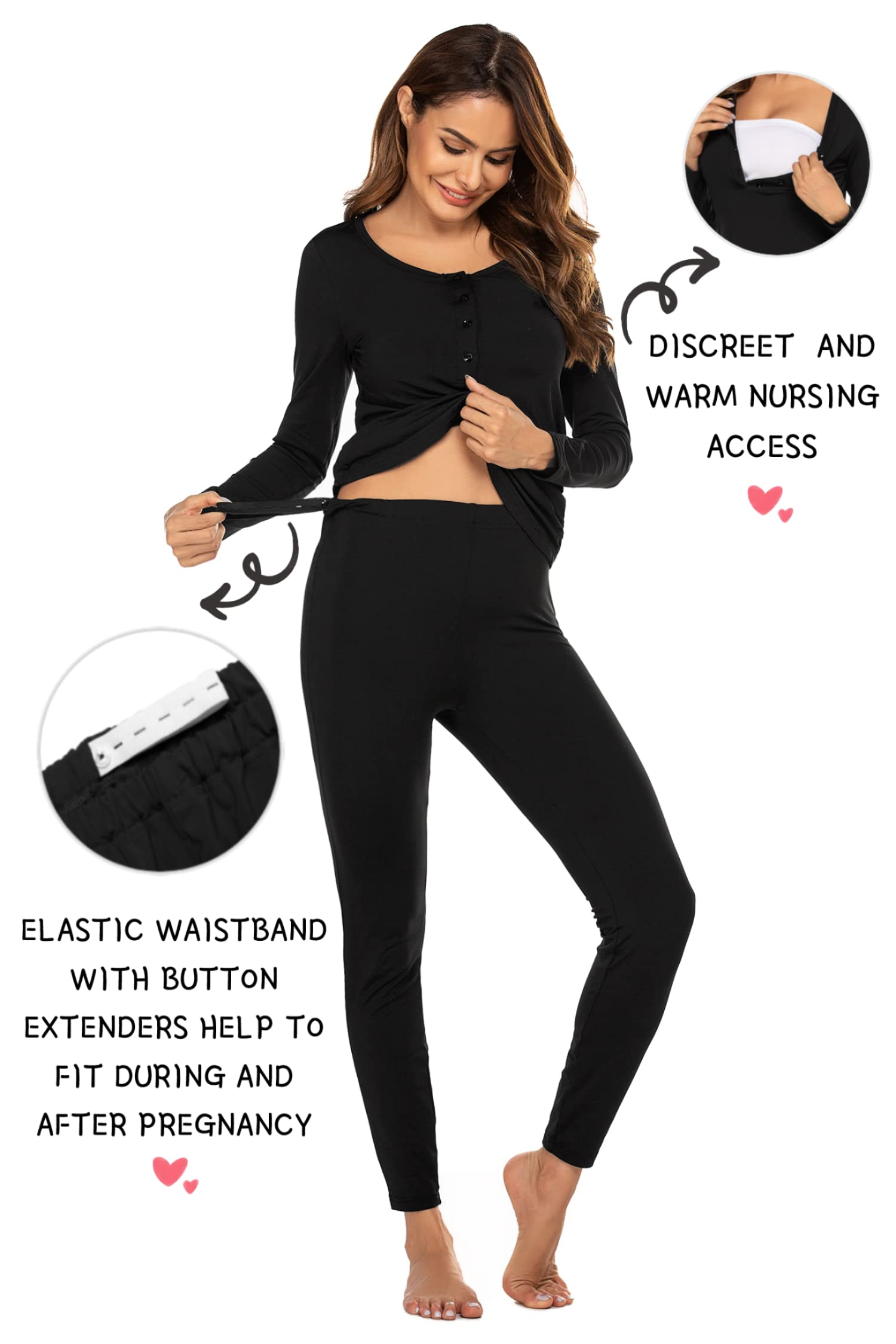 Ekouaer Thermal Underwear for Women Knit Thermals Women's Base Layer Long John Set Black L
