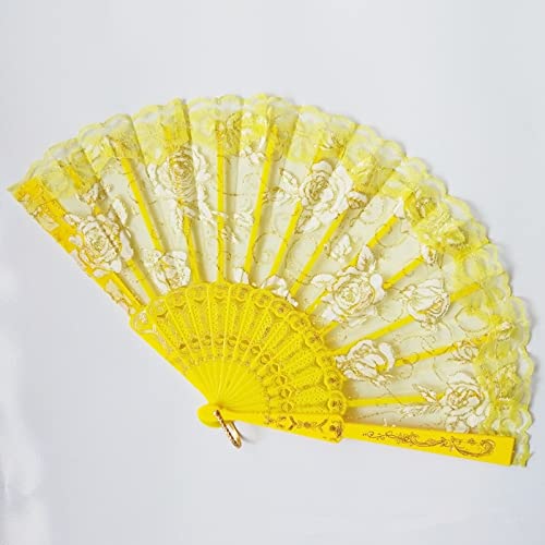 Folding Fan 1Pcs Chinese Style Folding Fan Lace Hand Held Rose Flower Folding Fan Dance Party Wedding Decor Ventilador Plegable Christmas Fan (Black)