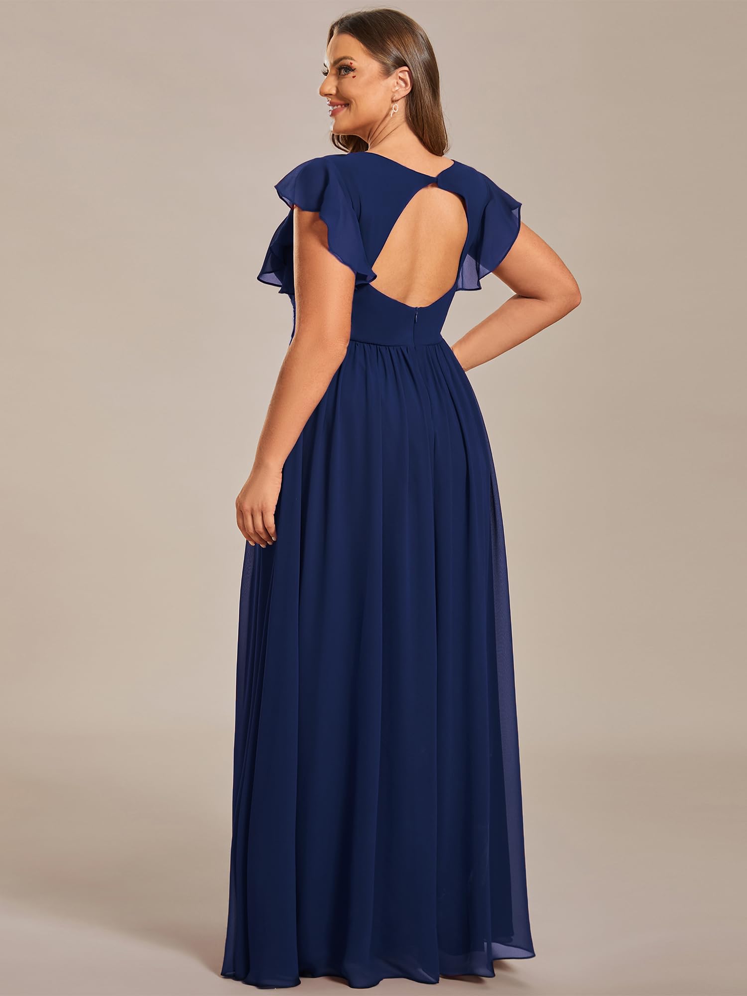 Ever-Pretty Women's Ruched V Neck A-Line Ruffles Sleeves Summer Maxi Plus Size Cocktail Dress Navy Blue US16