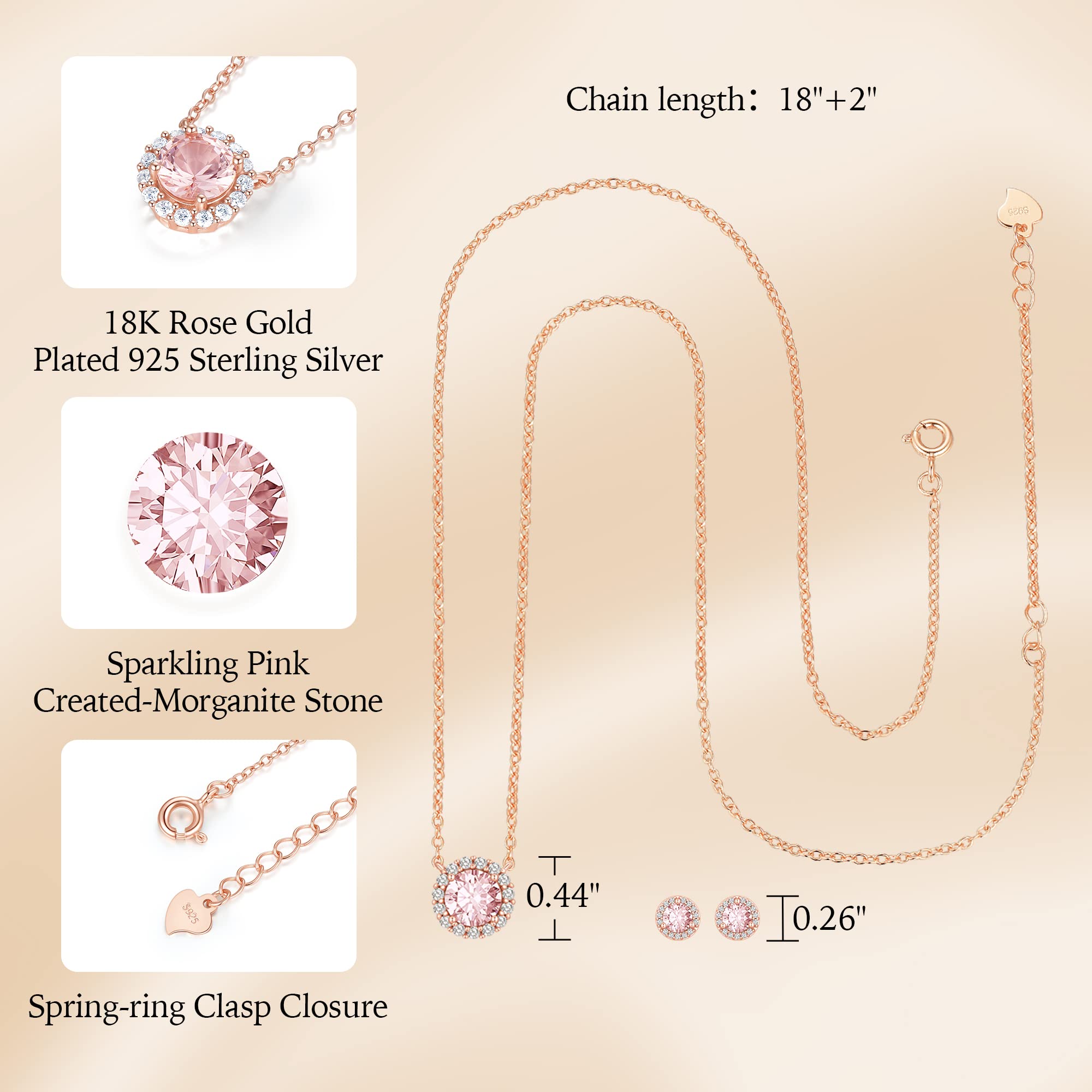 Gloffery 18K Rose Gold Created-Morganite Pendant Necklace for Women 925 Sterling Silver Round Solitaire Dainty Necklaces