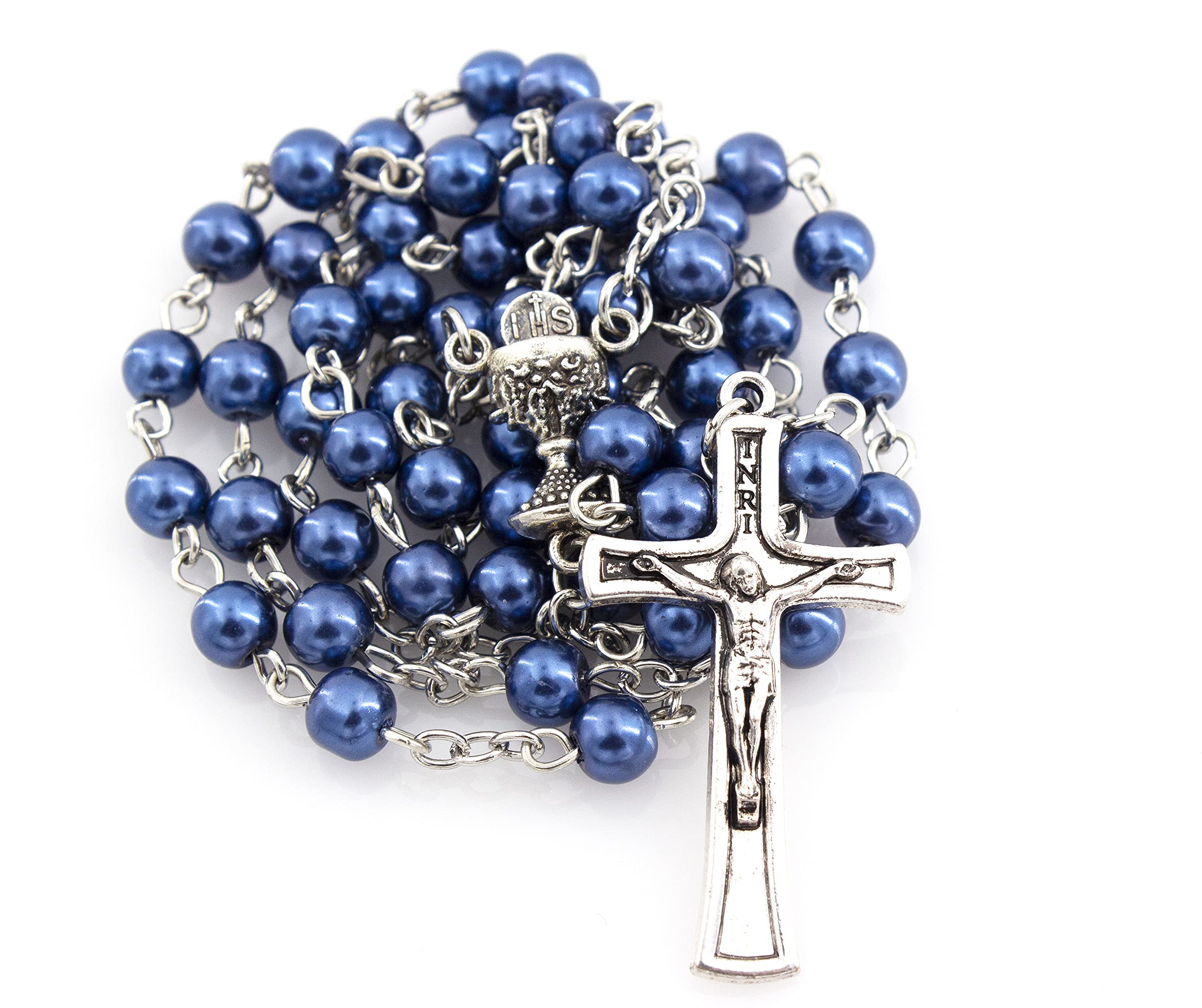 First Communion Bible Rosary Box and Deep Blue Rosary Necklace Gift Set