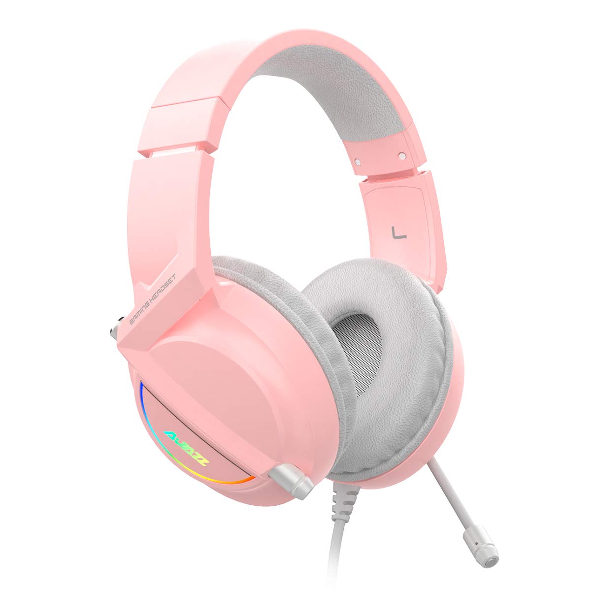 FIRSTBLOOD ONLY GAME. AX365 Gaming Headset, 7.1 Stereo Surround Sound, Independent Wire Control, Retractable Noise Canceling Mic, Over Ear Headphone, LED Light Soft Memory Earmuffs, Pink