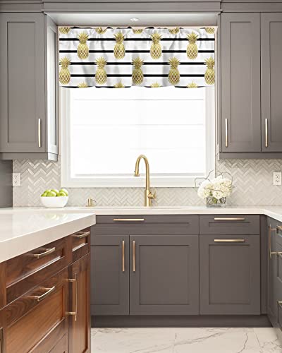 Window Valance for Kitchen,Summer Gold Pineapple Black White Stripes Curtain Valances Rod Pocket Short Curtains,Tropical Fruit Seamless Privacy Window Treatment for Bedroom Living Room 42x12in