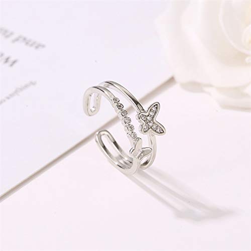 Flzaitian Gold Silver Rose Gold Butterfly Statement Ring Opening Adjustable Double Butterfly Ring for Woman (Silver)