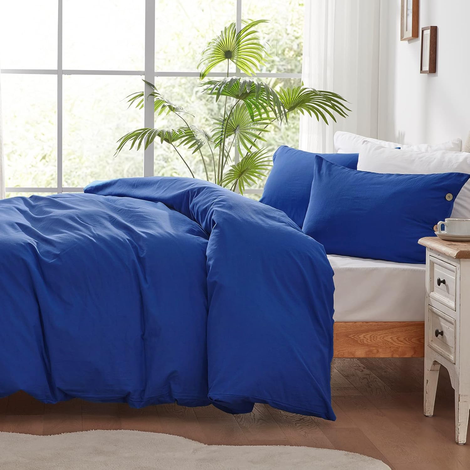 SunStyle Home 100% Washed Cotton Duvet Cover Set Breathable Soft King Light Blue Duvet Cover 3 Pieces Solid Color Bedding Set with Buttons Closure Comforter Cover Set (1 Duvet Cover +2 Shams)