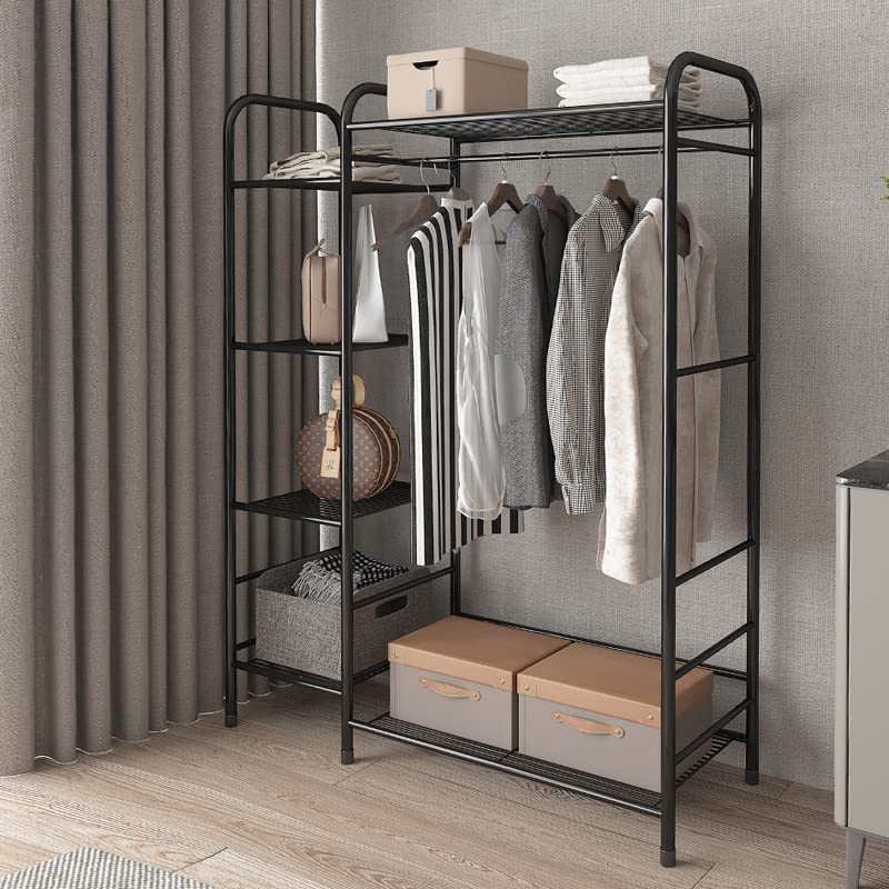 Nyehiret Metal Free-Standing Garment Rack,Storage Organizer for Bedroom Clothes Garment Rack with Shelves,Hanging Rod and Storage Box, Black