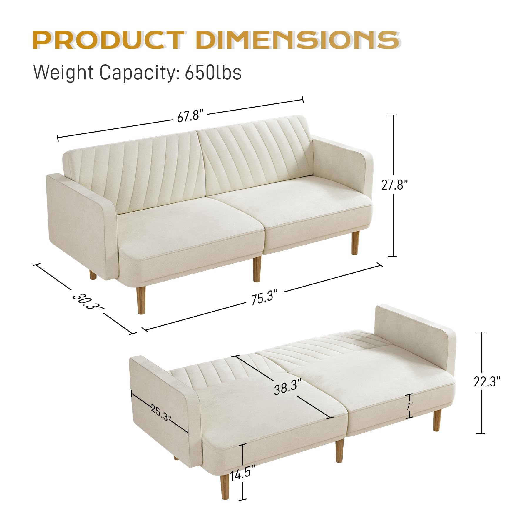 OUYESSIR Futon Sofa Bed, 75.3", Couch, Small Sofa, Sleeper Sofa, Loveseat, Mid Century Modern Velvet Futon Couch with 2 Pillows for Living Room (Beige White Velvet, Futon)