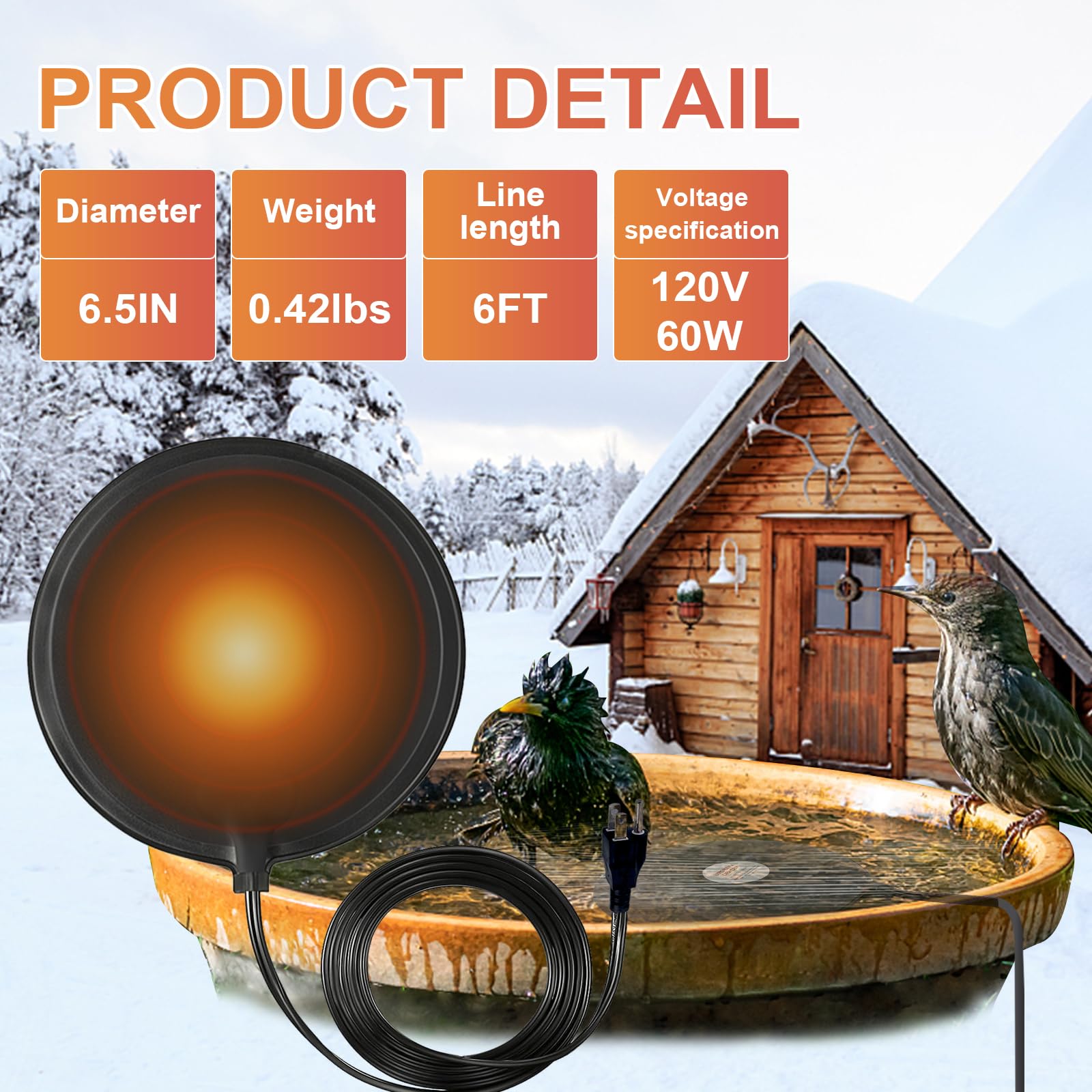 FOUDOUR Bird Bath Deicer 60W Thermostatically Controlled Bird Bath Heaters Warmer Pond De-icer for Winter Outdoor Garden Patio Yard and Lawn with 5.9Ft Cord (1PCS-Black)