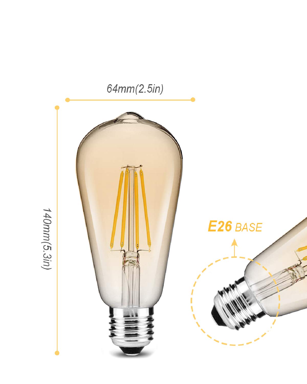 Edison LED Light Bulbs, Amber, Dimmable, 4W=60W Equivalent, 2700K, E26 Medium Base, 500LM, Warm White ST64, Antique Vintage Style Light, Squirrel Cage Filament,Golden Glass,4-Pack