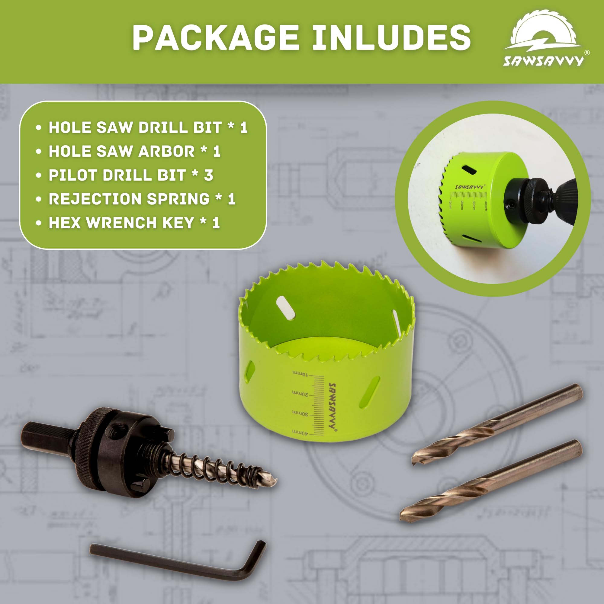 SAWSAVVY 2 inch Hole Saw for Wood Metal Drywall, Hole Saw Drill Bit, Bi-Metal Hole Cutter with Hex Shank Pilot Drill Bit Adapter, 2 Hole Saw (51mm), 1 5/8 inch Cutting Depth