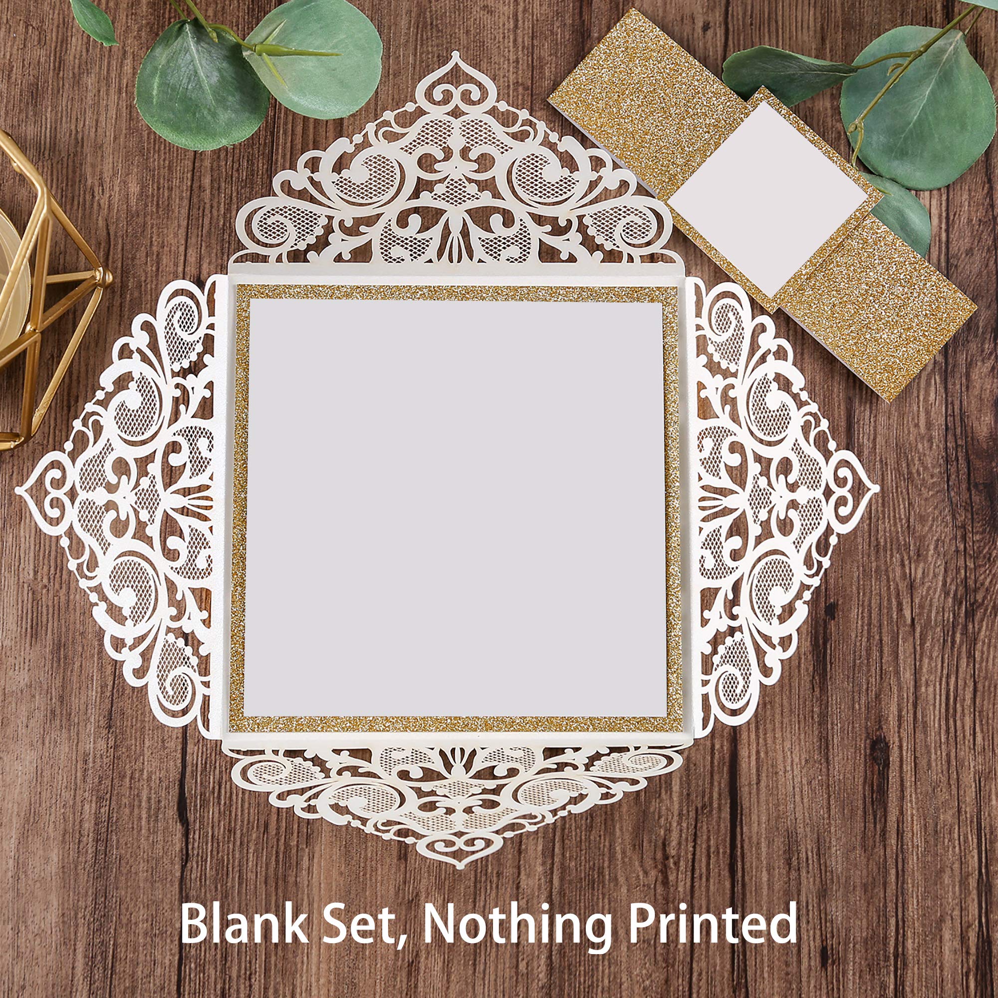DreamBuilt 6.3 x 6.3 inch Ivory Laser Cut Wedding Invitations Cards with Gold Glitter Border and Bellyband for Wedding Bridal Shower (Ivory, 50pcs Blank)