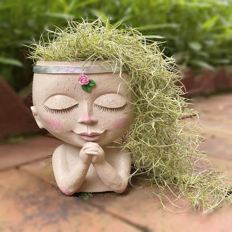 LTSUMI Face Flower Pot Head Planter Succulent Pot Planter Cactus Planter Unique Cute Resin Planter Pot for Indoor Outdoor Plants with Drainage Hole(Blessing)