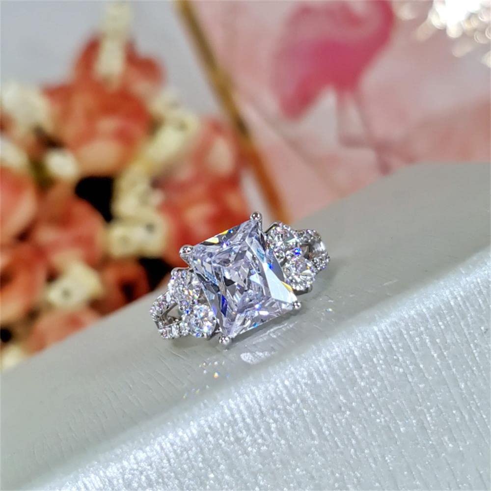 Faux 925 Sterling Silver Moissanite Zircon Ring V Cutout Square 3 Carat Engagement Wedding Ring (US Code 6-10) (7)