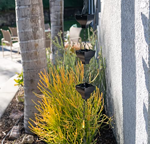 Jitane - Metal Rain Chains for Gutters - 8.75 Feet - Installation Kit Included - Rain Gutter Downspout Extension - Rain Water Catching System - Decorative Jewel Located at The Rain Chain Basin (Black)
