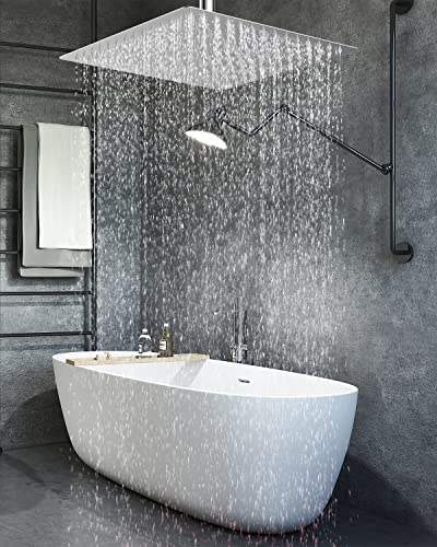 Hibbent All Metal Rain Shower Head, High Pressure 16 Inch Large Rainfall Showerhead, Stainless Steel Square Bathroom Shower Head with Adjustable Brass Ball Joint, Self-cleaning Silicon Nozzle, Chrome
